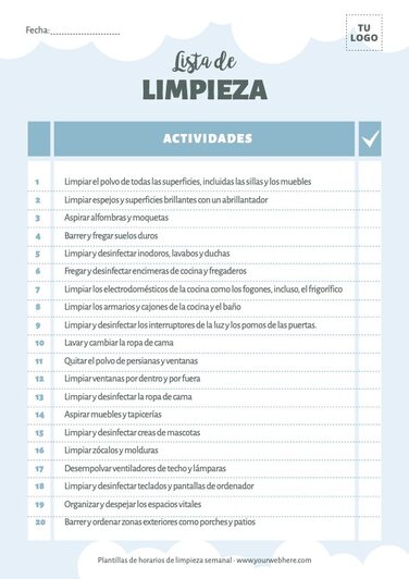 Diseña un Plan de Limpieza Semanal para imprimir