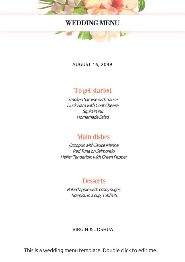 Wedding menu templates and cards