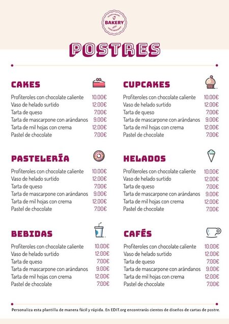 Plantillas de carta de postres para editar online