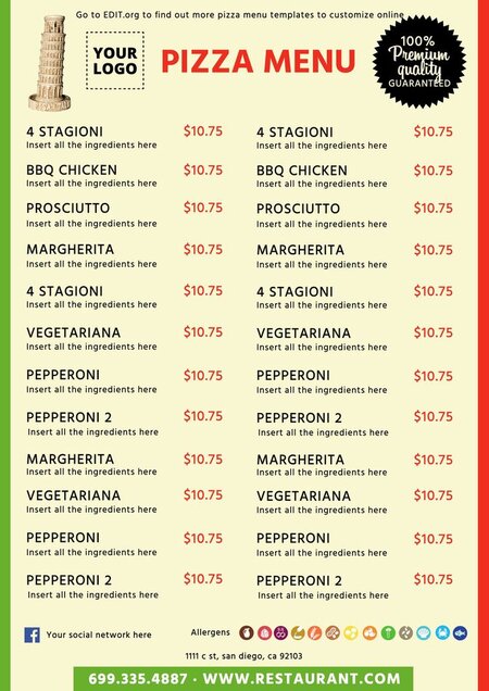 Online customizable pizza menu templates