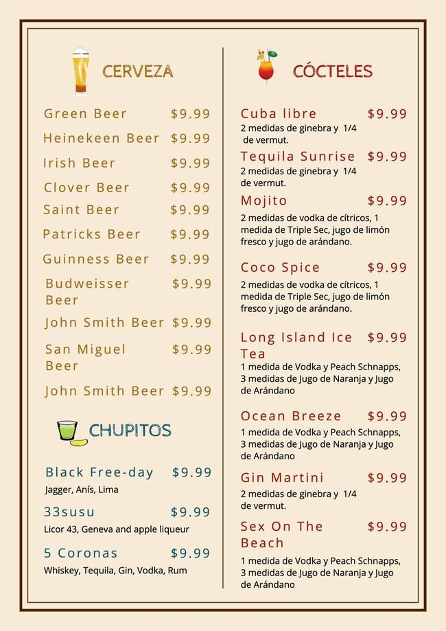 Plantillas para una carta de bebidas con precios