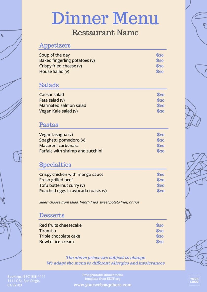 Free Printable Dinner Menu Templates