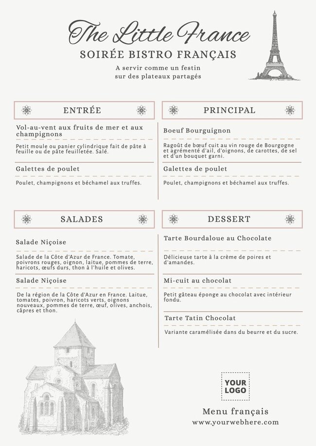 Modèles de menus de restaurants français