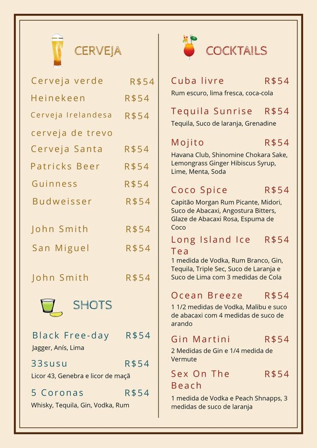 Modelos para um cardápio de bebidas