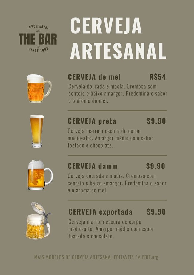 Modelos para um cardápio de bebidas