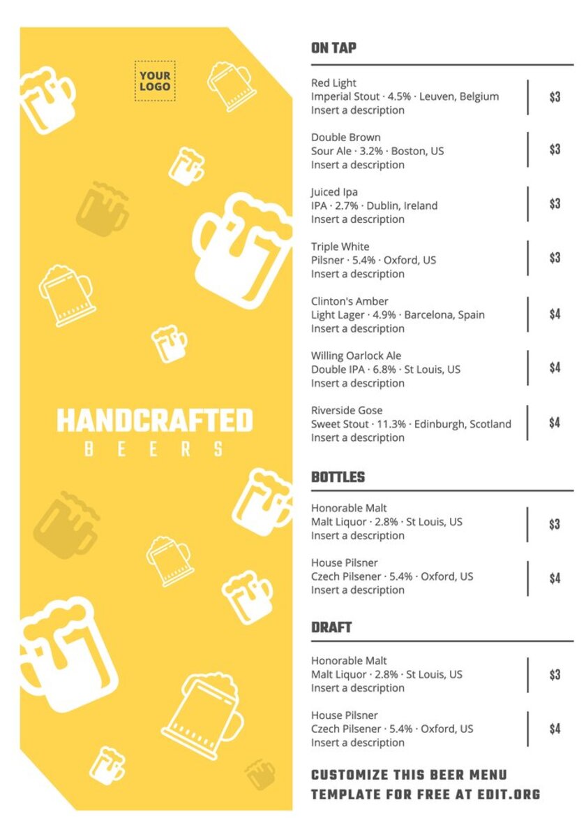 Customizable beer menu templates for restaurants