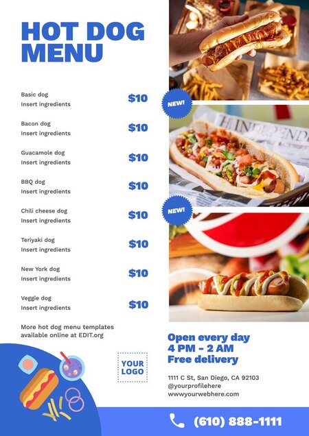 Customizable hot dog menu templates for restaurants