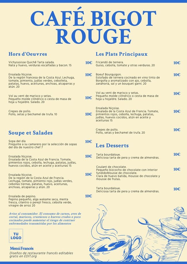 Cartas de menús de restaurantes franceses gratis