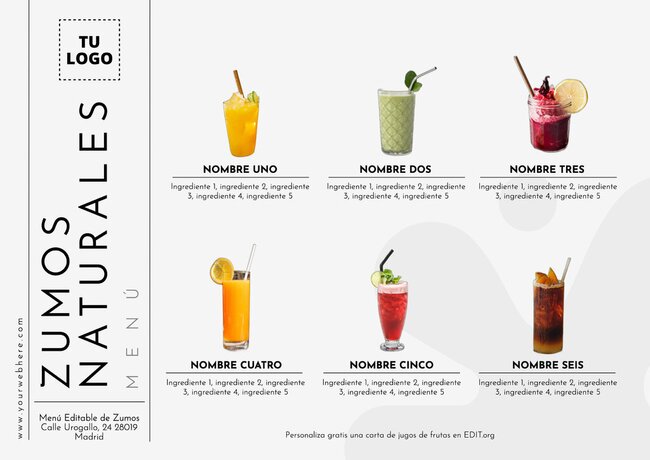 Diseña una Carta de Zumos y Batidos online