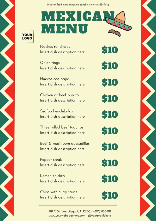Customize free Mexican menu templates