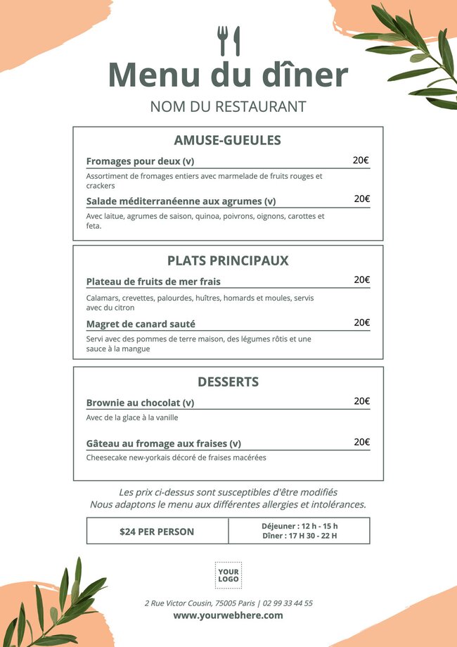 Modèles de menus de dîner imprimables gratuits