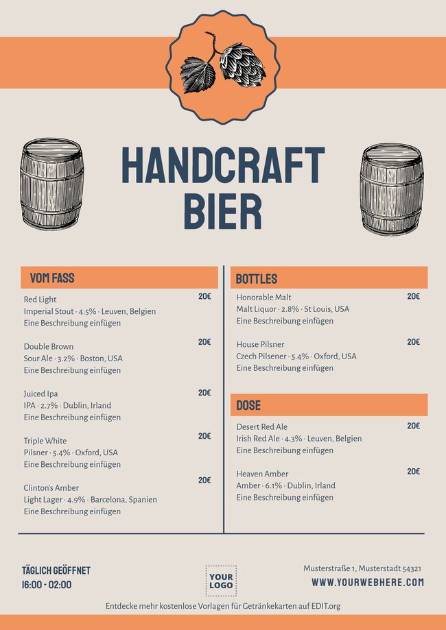 Vorlagen für eine Getränkekarte