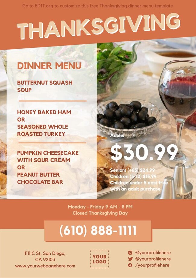 Free custom Thanksgiving menu templates