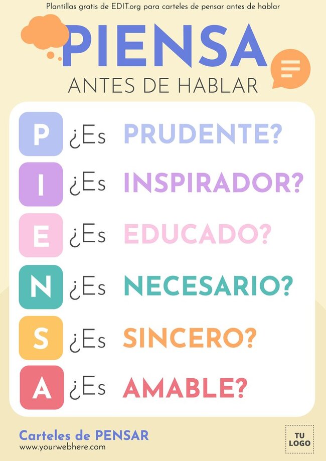 Carteles de Piensa Antes de Hablar personalizables Carteles de Piensa Antes de Hablar personalizables