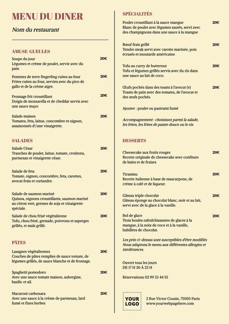Modèles de menus de dîner imprimables gratuits