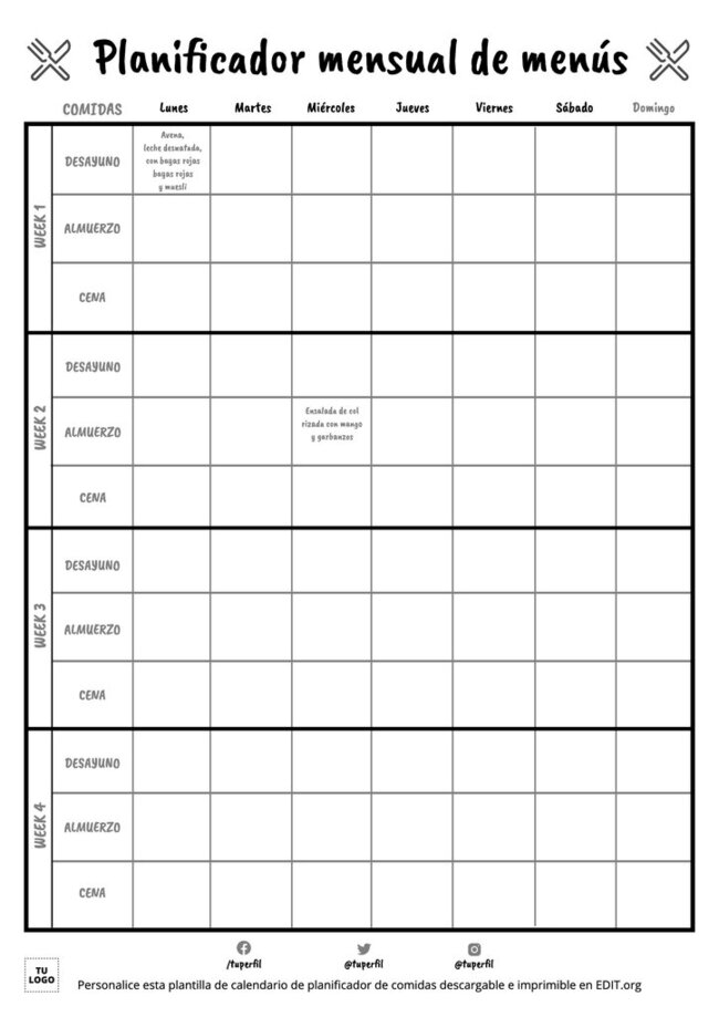 Planificadores de Menú Mensual para imprimir