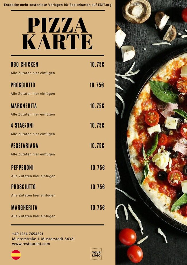 Online anpassbare Vorlagen für Pizzamenüs