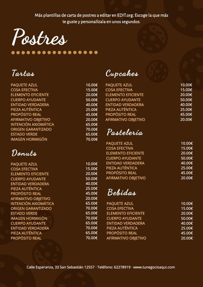 Plantillas de carta de postres para editar online