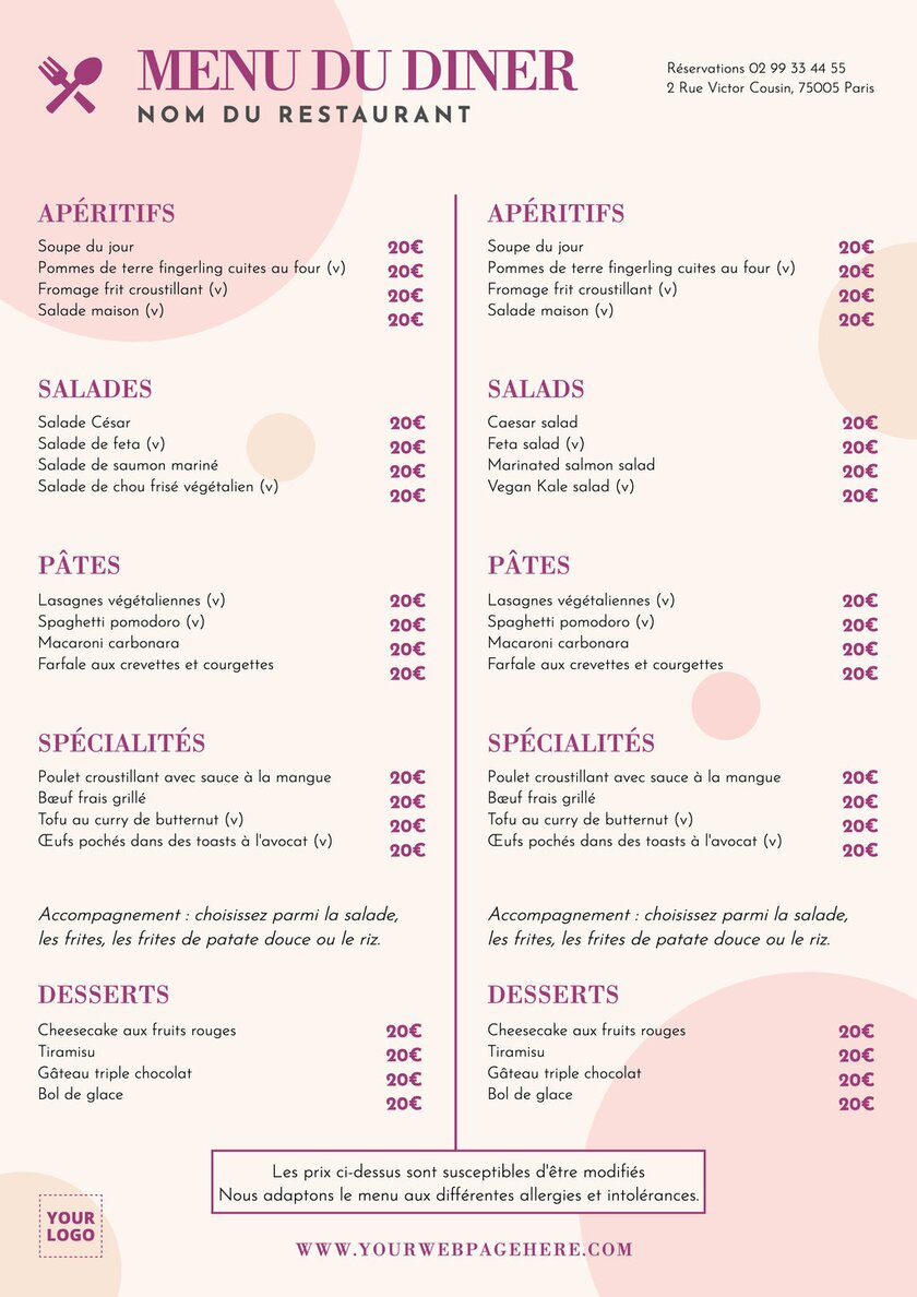 Modèles de menus de dîner imprimables gratuits