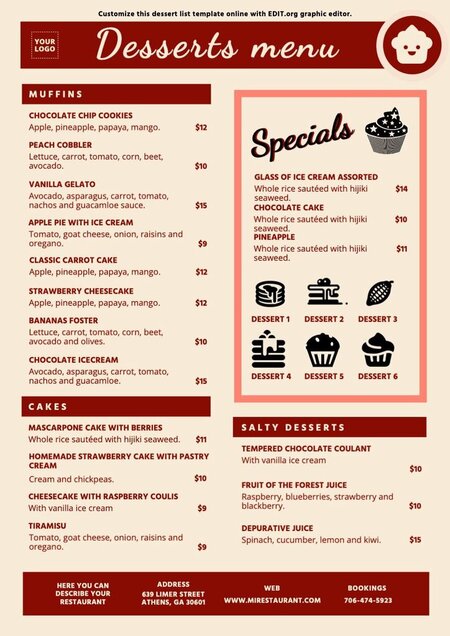 Dessert menu templates to edit online