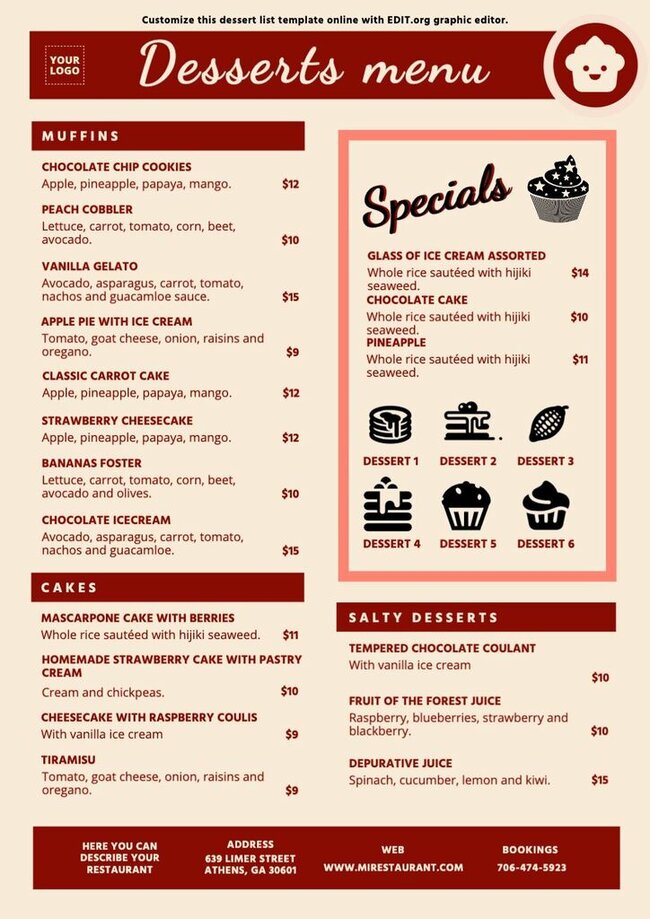 Dessert menu templates to edit online