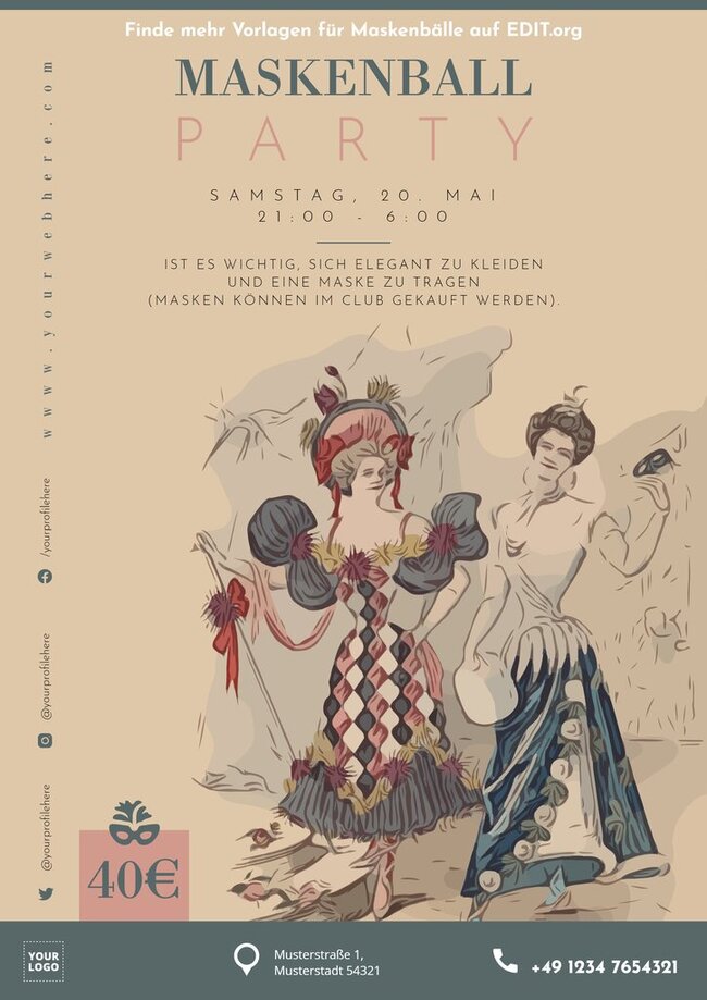 Maskenball Einladungsvorlagen online bearbeiten