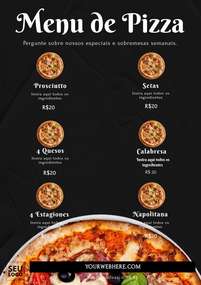 Modelos de menu de pizza on-line personalizáveis