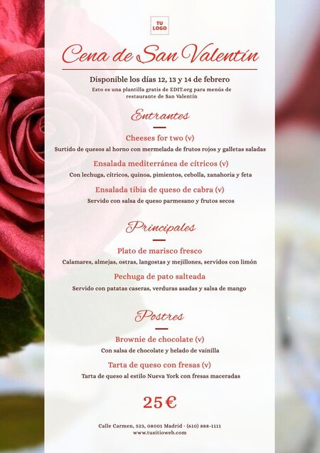Diseños de menús de San Valentín editables para restaurantes