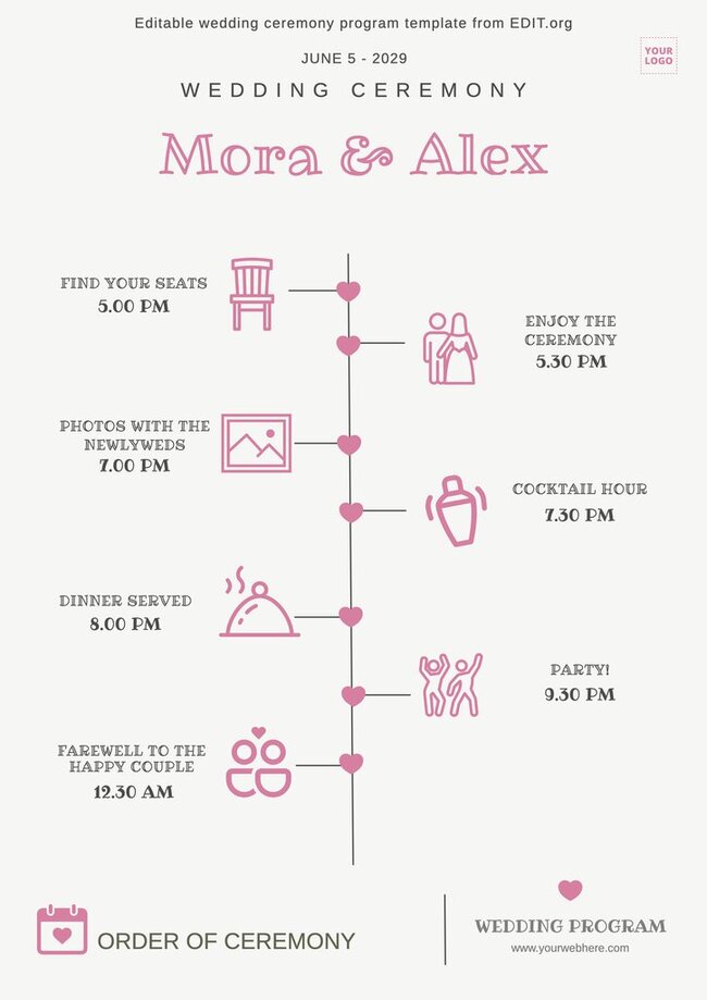Bruiloft programma sjabloon ontwerpen om online te bewerken