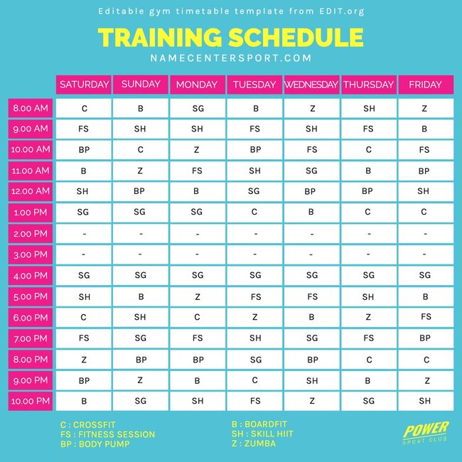 Gym activities schedule online templates