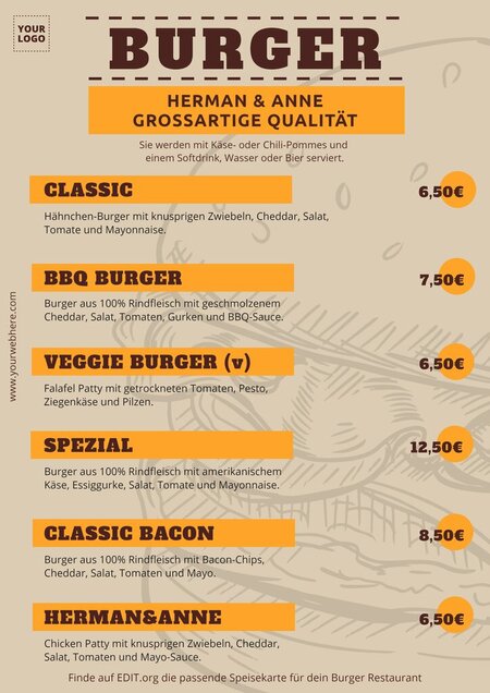 Editierbare Speisekarte & Poster Vorlagen für Burgerläden