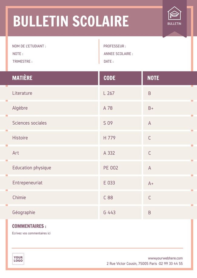 Modèles de bulletins scolaires personnalisables