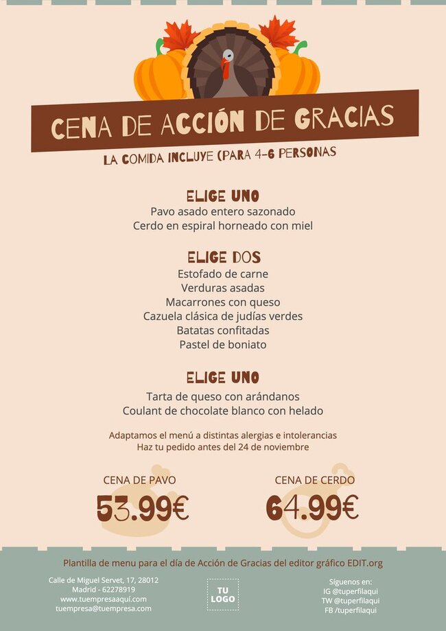 Plantillas de menú de Acción de Gracias personalizables gratis