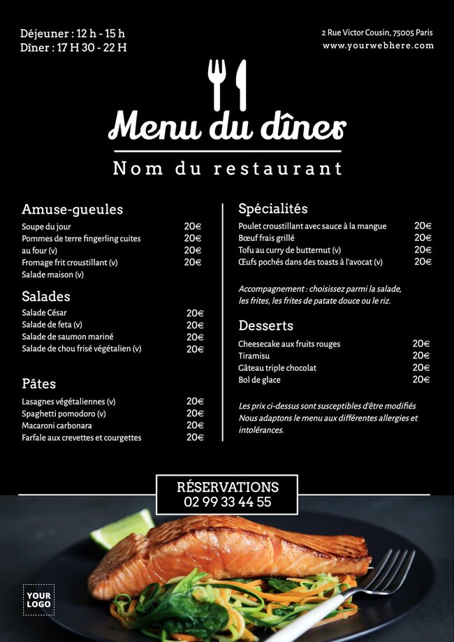 Modèles de menus de dîner imprimables gratuits