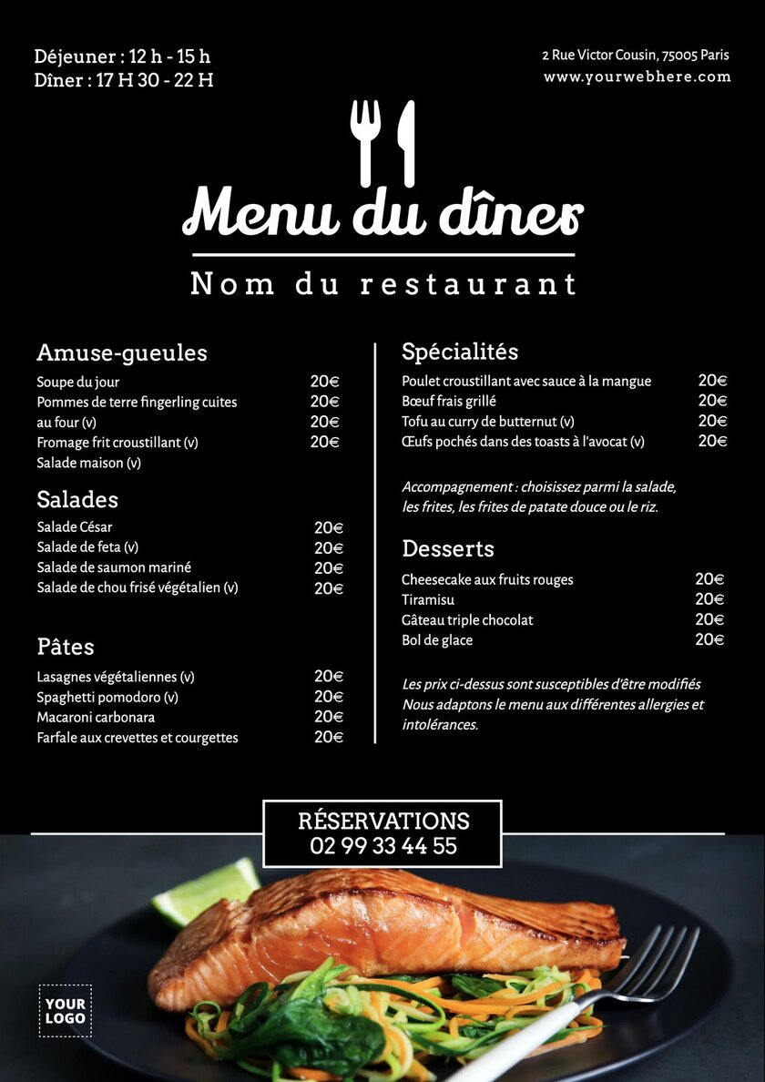 Modèles de menus de dîner imprimables gratuits