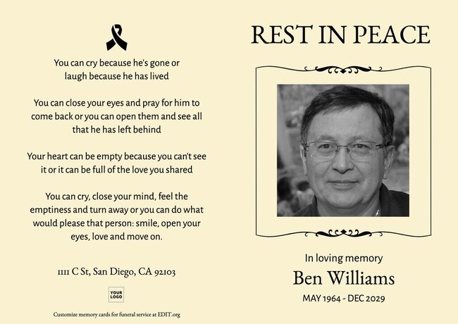 Personalize obituary and memory cards for funeral